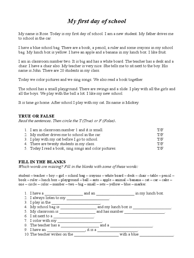 My First Day of School: True or False | PDF