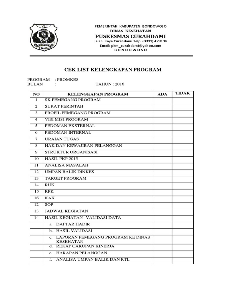 Cek List Kelengkapan Program | PDF