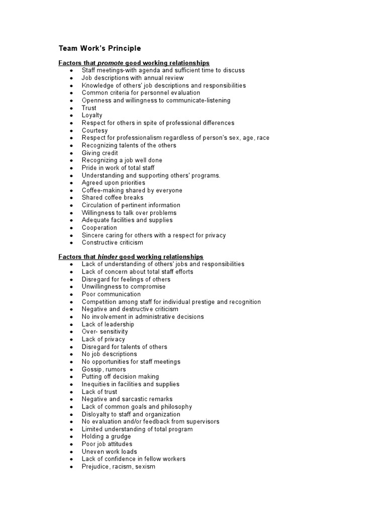 Team Work's Principle: Factors That Promote | PDF