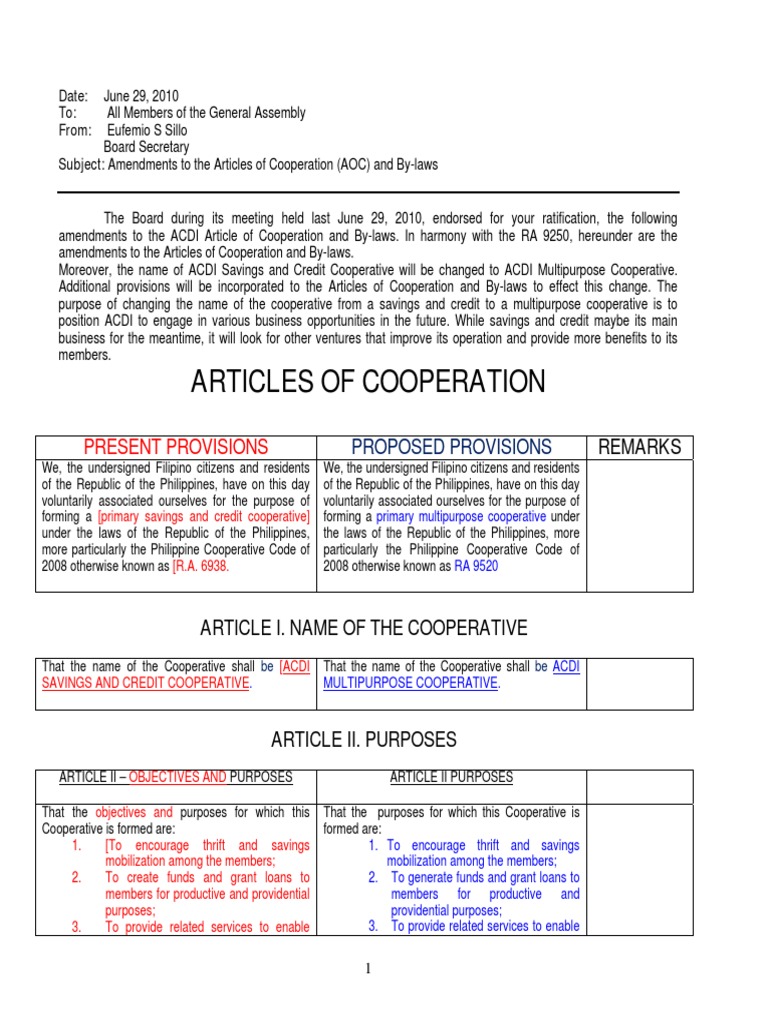 A Summary of Amendments To The Articles of Cooperation and Bylaws1-1 ...