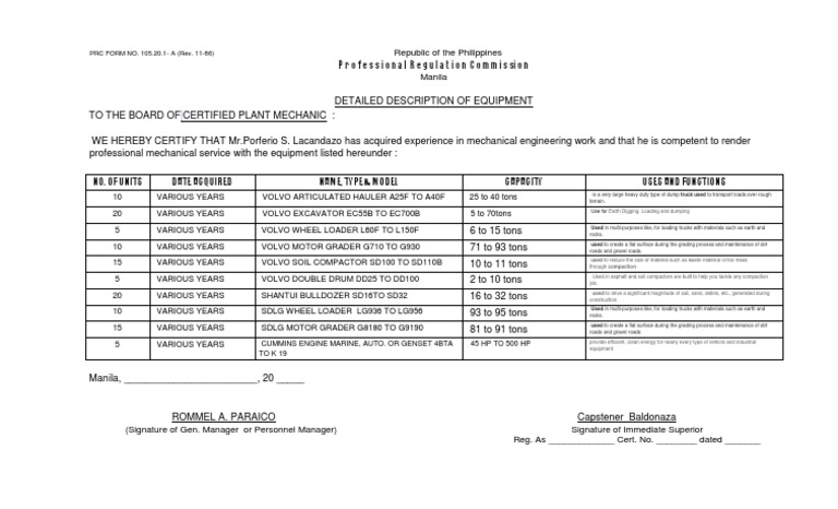 Detailed Description of Equipmnts - PRC Form 105.20 | PDF | Loader ...