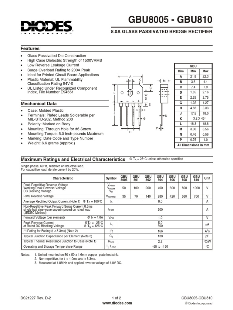 GBU8005 - GBU810: 8.0A Glass Passivated Bridge Rectifier | PDF ...