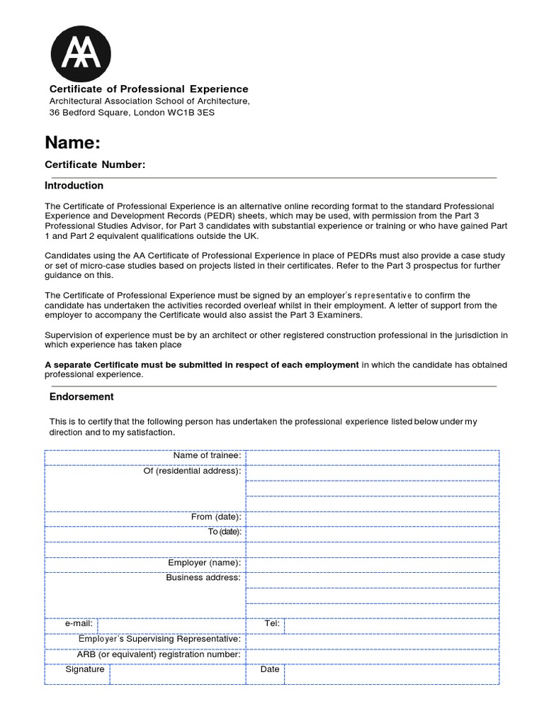 AA Certificate of Professional Experience | PDF | Case Study | Architect