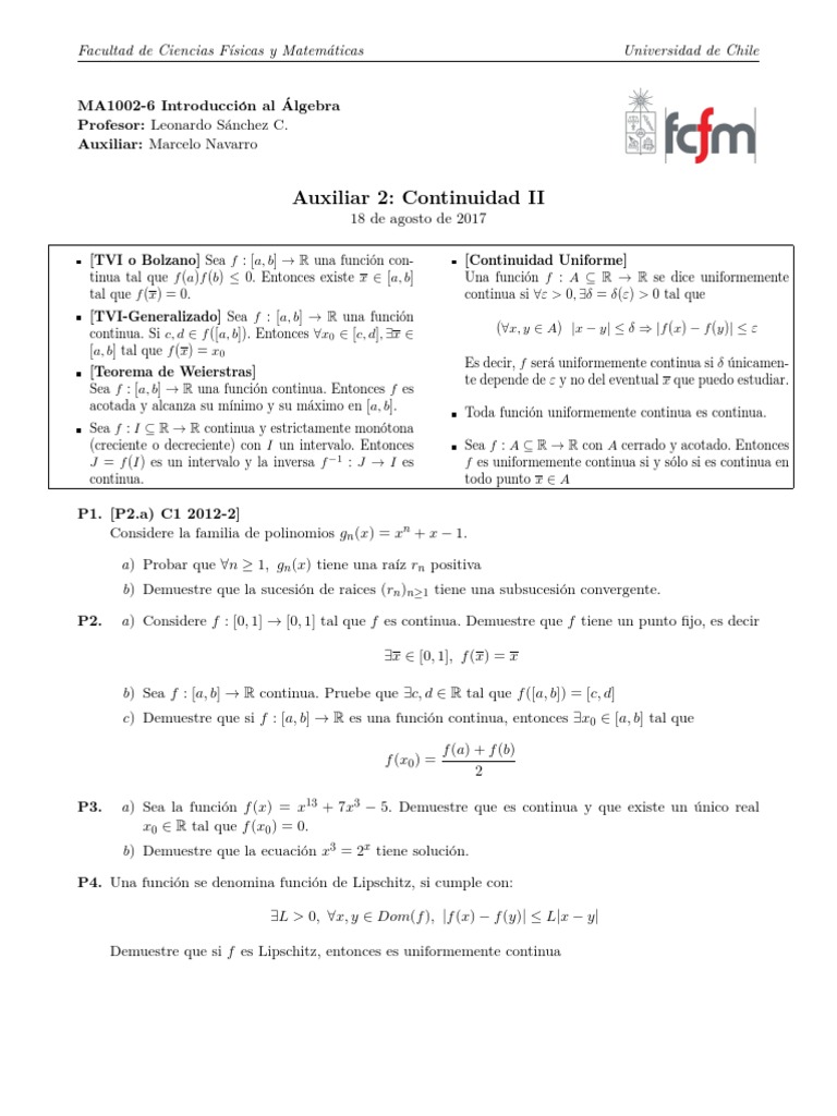 Auxiliar 2: Continuidad II: MA1002-6 Introducci Onal Algebra Profesor: Leonardo S Auxiliar ...