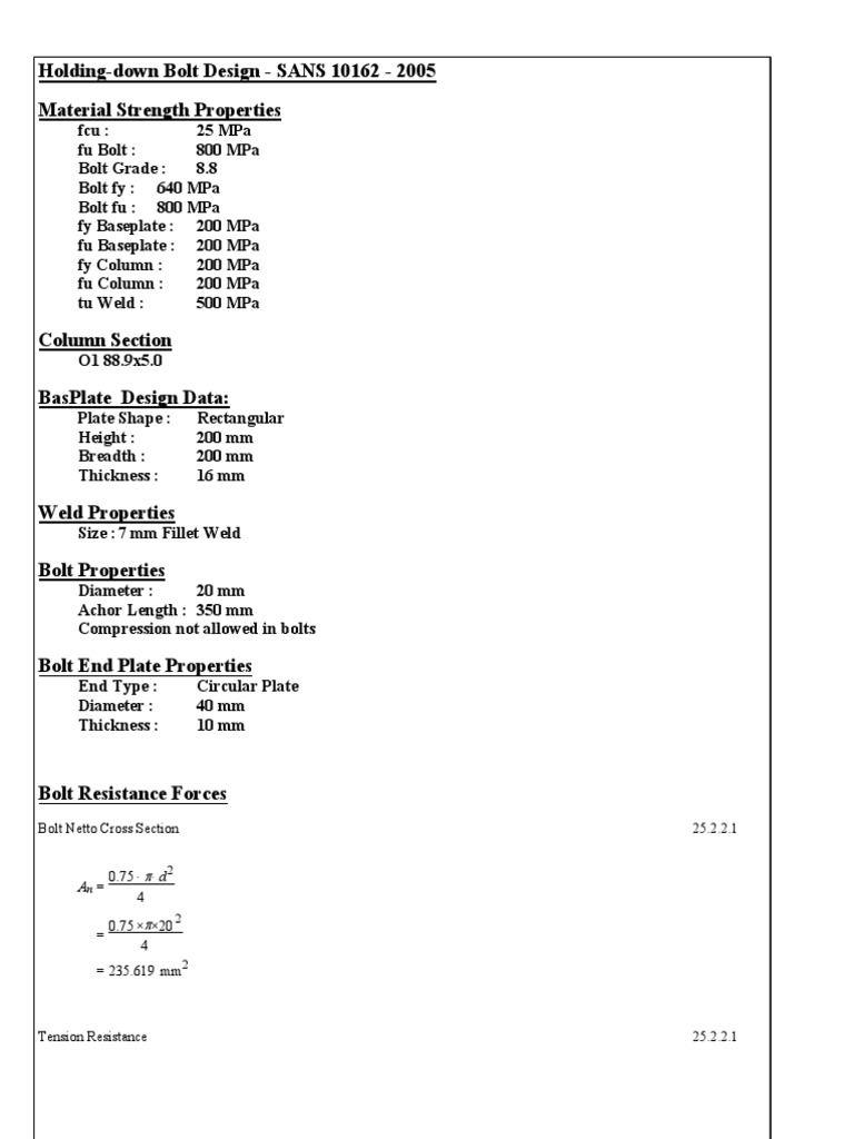 Holding-Down Bolt Design - SANS 10162 - 2005 Material Strength ...
