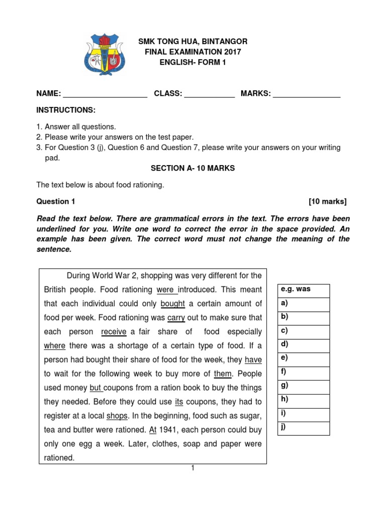 Form 1 Test Paper Final | PDF | Rationing | Question