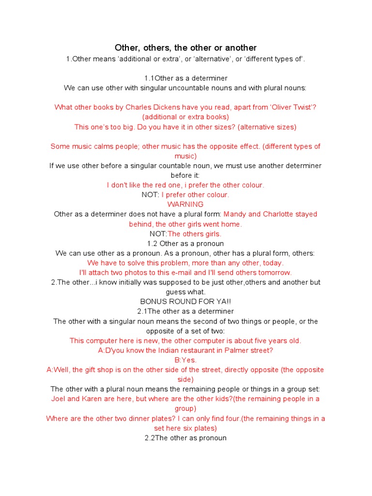 Other, Others, The Other or Another | PDF | Grammatical Number | Plural