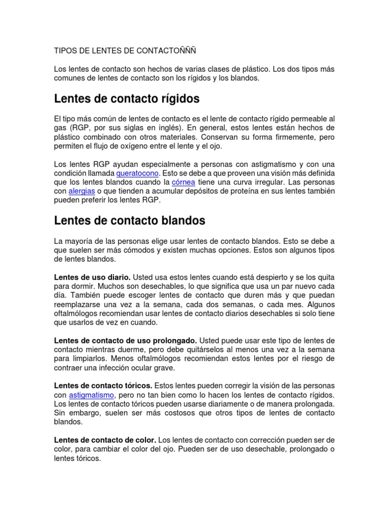 Tipos de Lentes de Contacto y Cuidados | PDF | Lentes de contacto | Visión