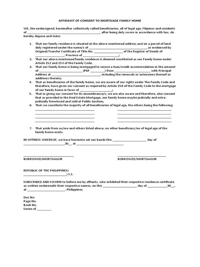 Affidavit of Marital Consent to Mortgage Family Home | Affidavit ...