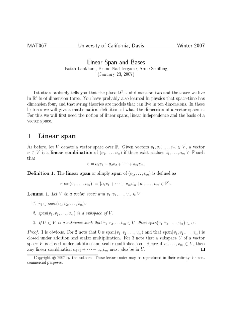 Mat67 LFG Span and Bases | PDF | Basis (Linear Algebra) | Linear Subspace