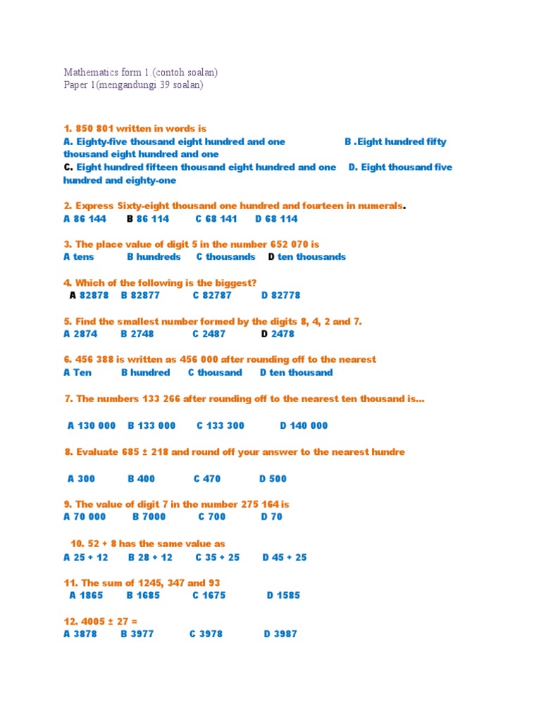 Mathematics Form 1. (Contoh Soalan) Paper 1 (Mengandungi 39 Soalan ...