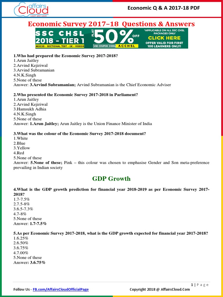 Economic Survey 2017-18 Questions & Answers: GDP Growth | PDF | Taxes ...