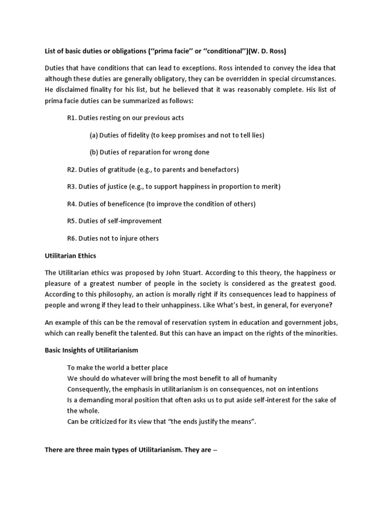 List of Basic Duties or Obligations ( Prima Facie'' or Conditional ...