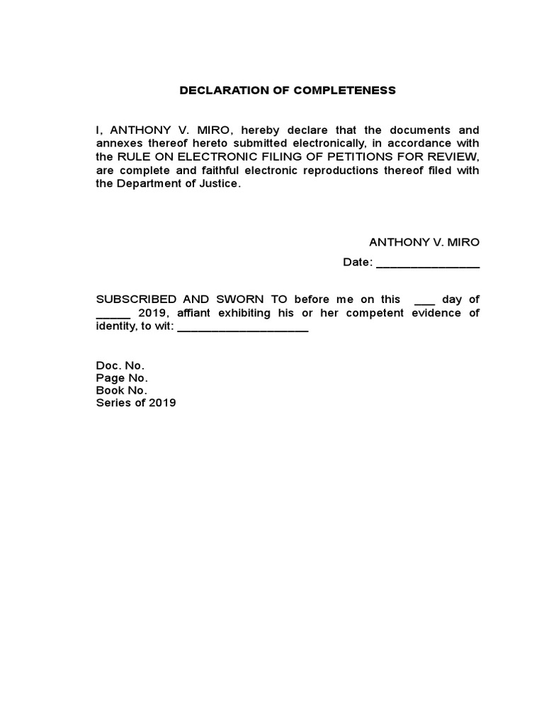 DECLARATION OF COMPLETENESS DOJ XHabit Efren Alcantara | PDF