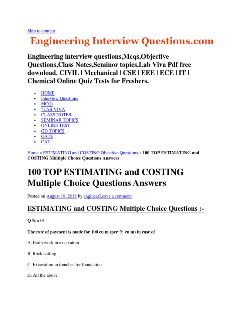 100 Top Estimating and Costing Multiple Choice Questions Answers | PDF ...