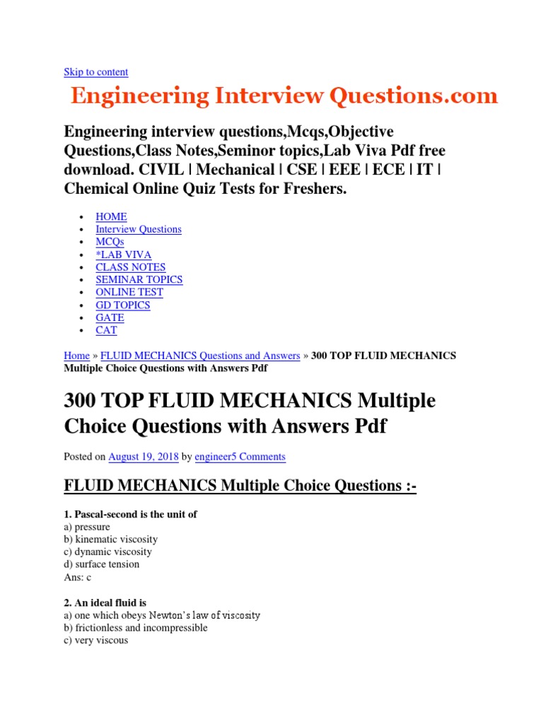 300 Top Fluid Mechanics Multiple Choice Questions With Answers PDF ...