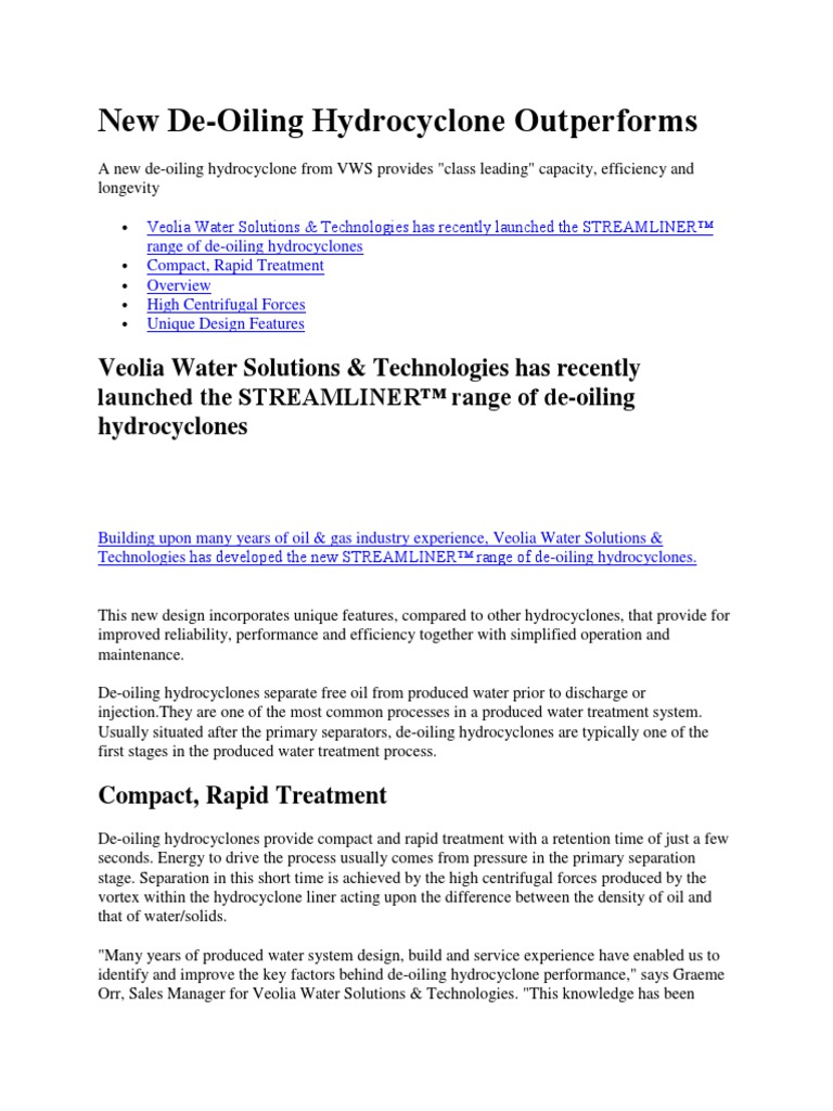 New De-Oiling Hydrocyclone Outperforms | PDF | Gas Technologies ...