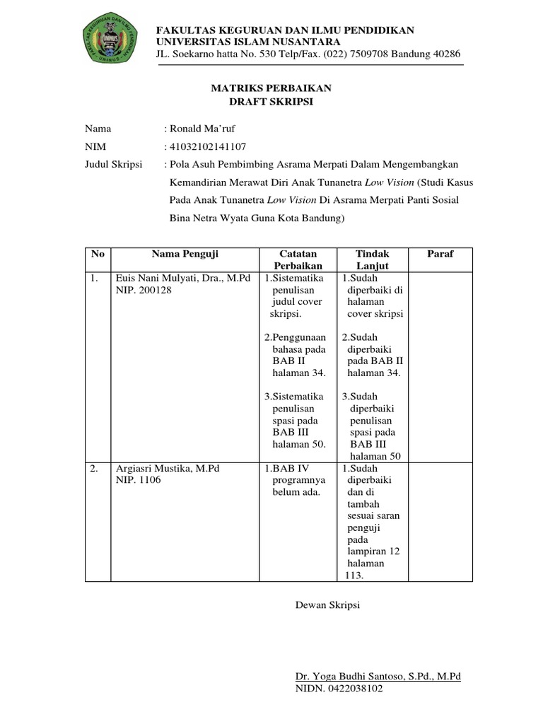 Matriks Perbaikan Draft Skripsi | PDF