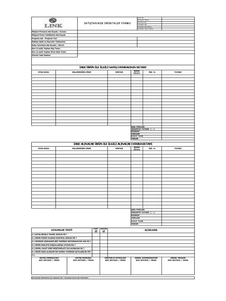 Satiştan İade Ürün Talep Formu | PDF