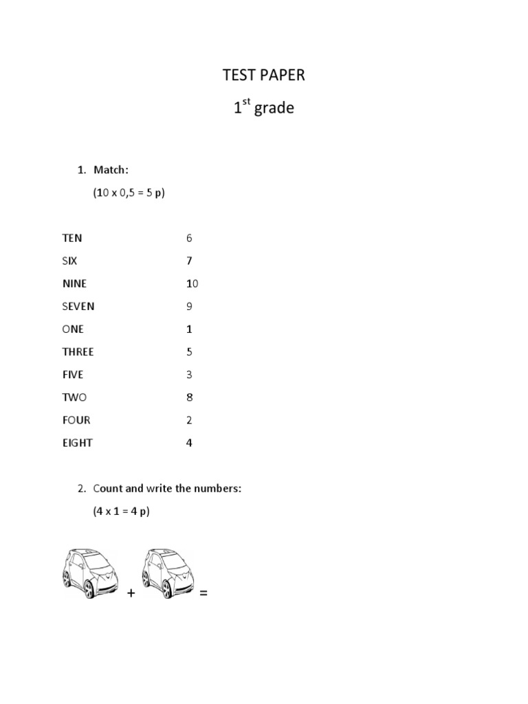 1st Grade Math Test Paper | PDF | Teaching Methods & Materials