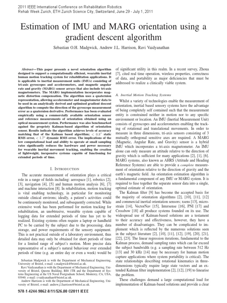 Estimation of IMU and MARG Orientation Using A Gradient Descent Algorithm | PDF | Inertial ...