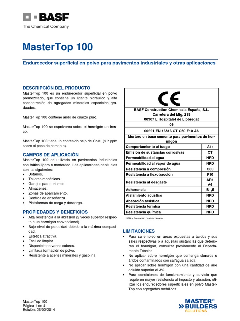 Mastertop 100 PDF | PDF | Hormigón | Cemento