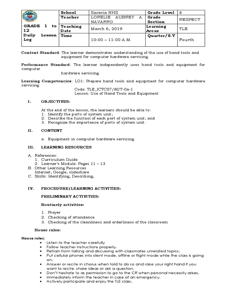 Grade 8 TLE Lesson on Computer Ports | PDF | Teachers | Change