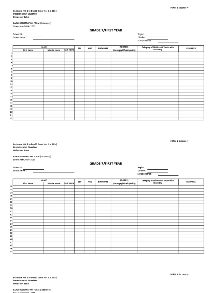 Early Registration Form for Secondary Students | PDF | Disability ...