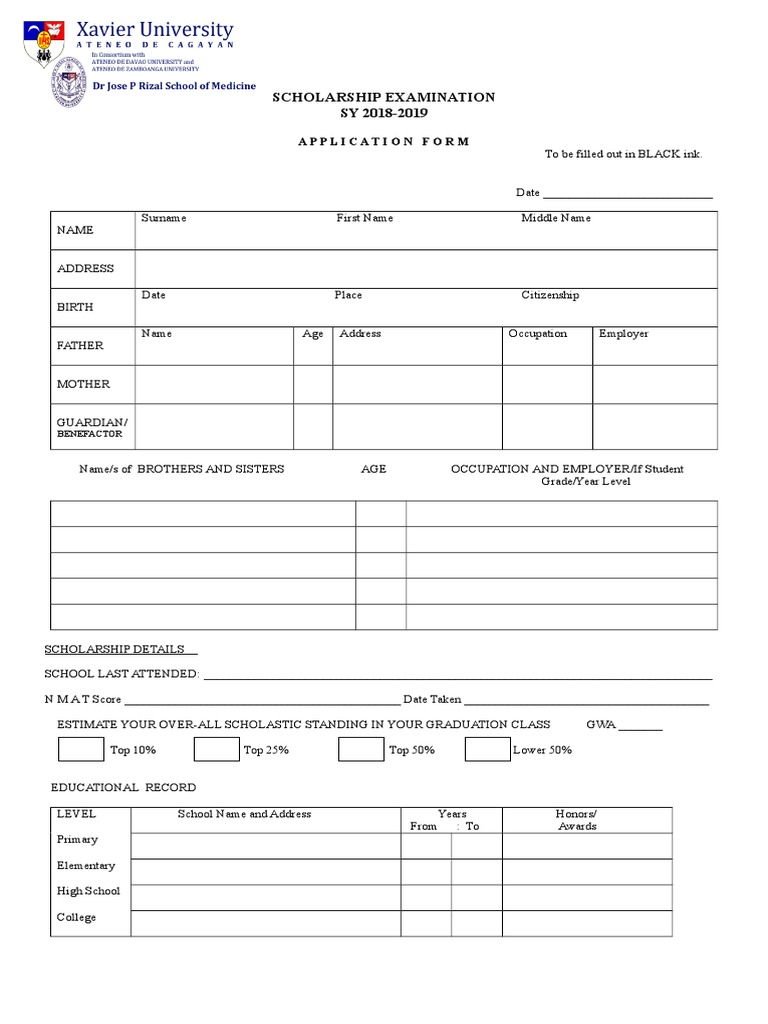Scholarship Examination SY 2018-2019: Application Form | PDF | Behavior ...