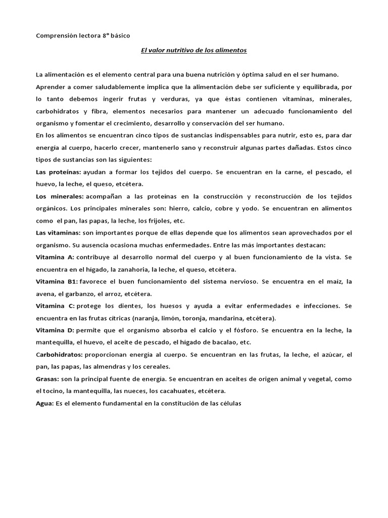 Comprensión Lectora 8 | PDF | Alimentos | Nutrición