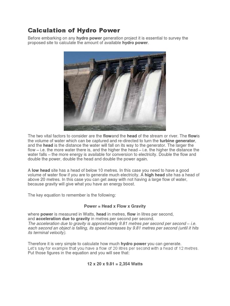 Calculation of Hydro Power: Power Head X Flow X Gravity | PDF ...
