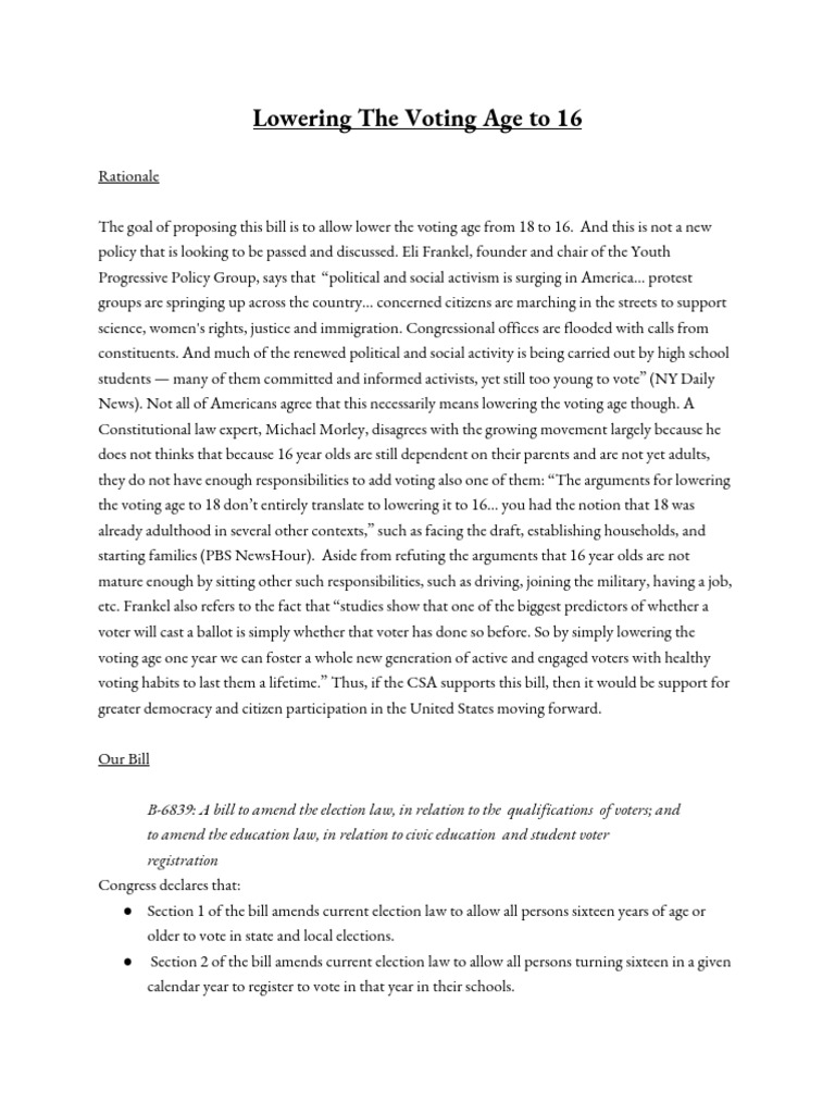 Bill Proposal - Lowering The Voting Age | PDF | Voting | United States ...