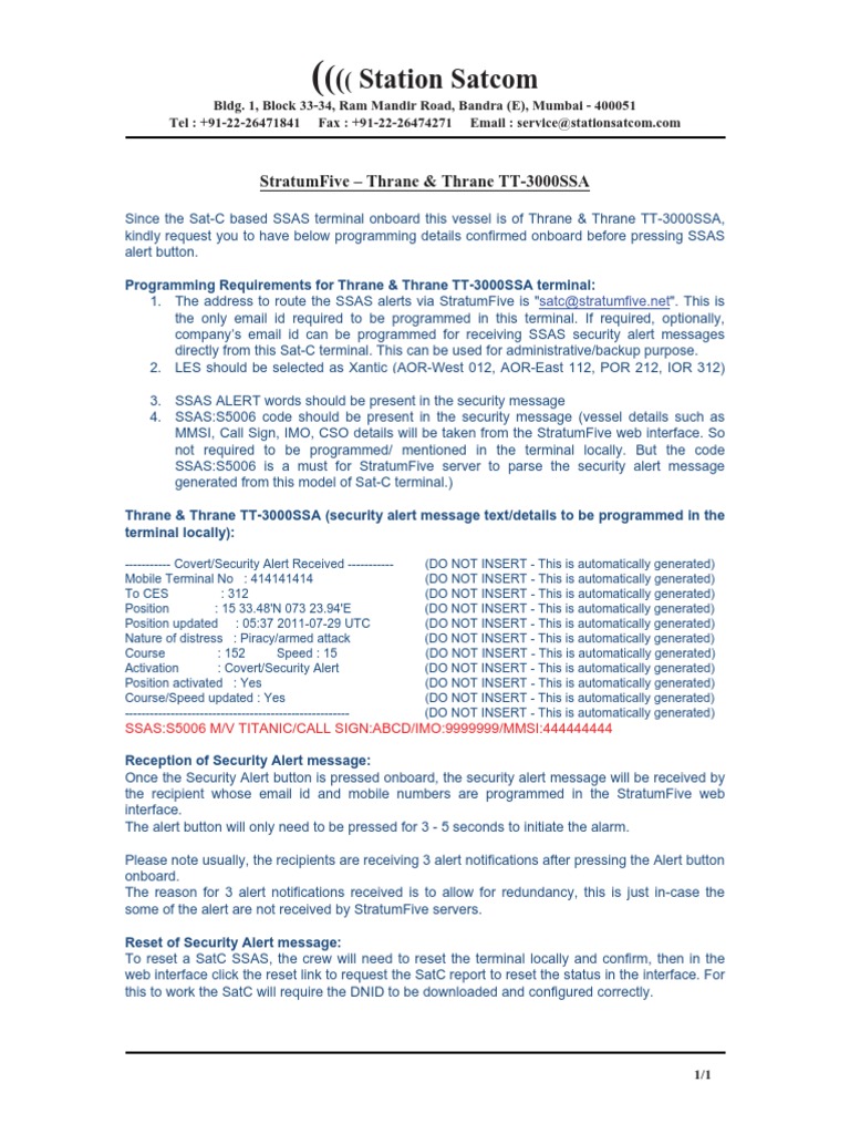 StratumFive - Thrane Thrane TT-3000SSA SSAS Configuration | System Software | Digital Technology