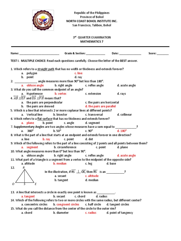 MATH 7 3RD Quarter | PDF | Angle | Circle