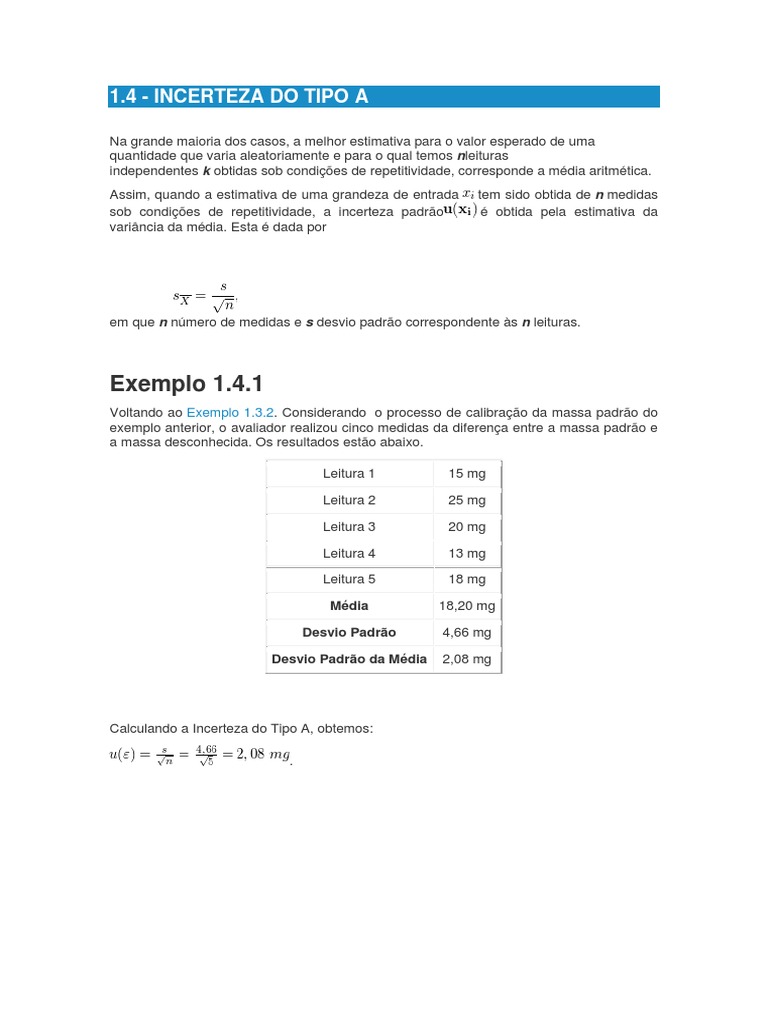 Calculo de Incerteza Tipo A | PDF | Desvio padrão | Média