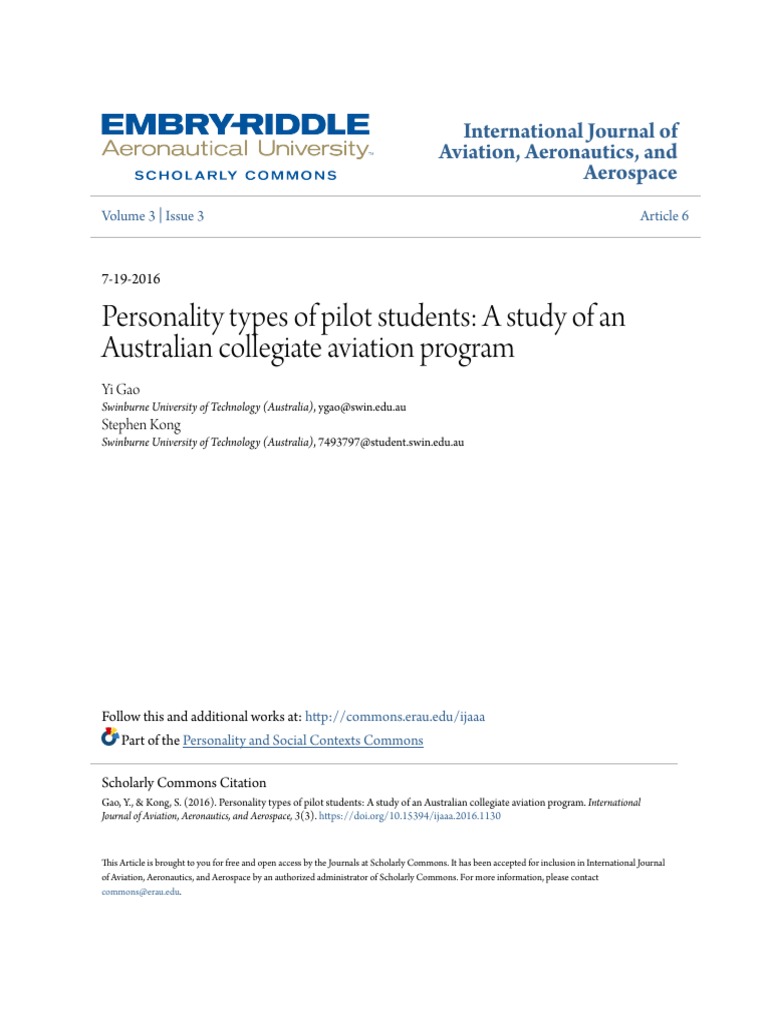 Personality Types of Pilot Students: A Study of An Australian ...