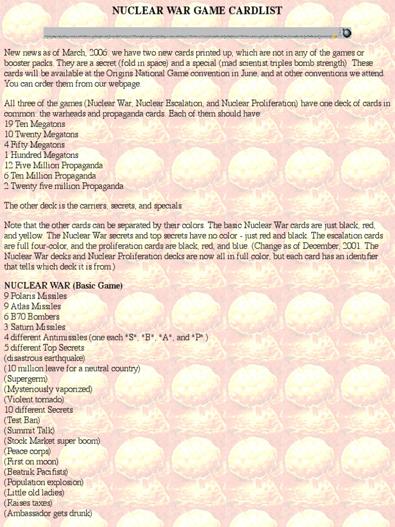 Nuclear War Game Cardlists: Descriptions and Contents of Card Decks for ...