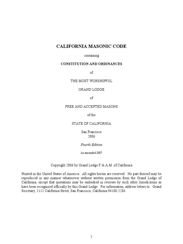 California Masonic Code - 2007 PDF | PDF | Masonic Lodge | Freemasonry