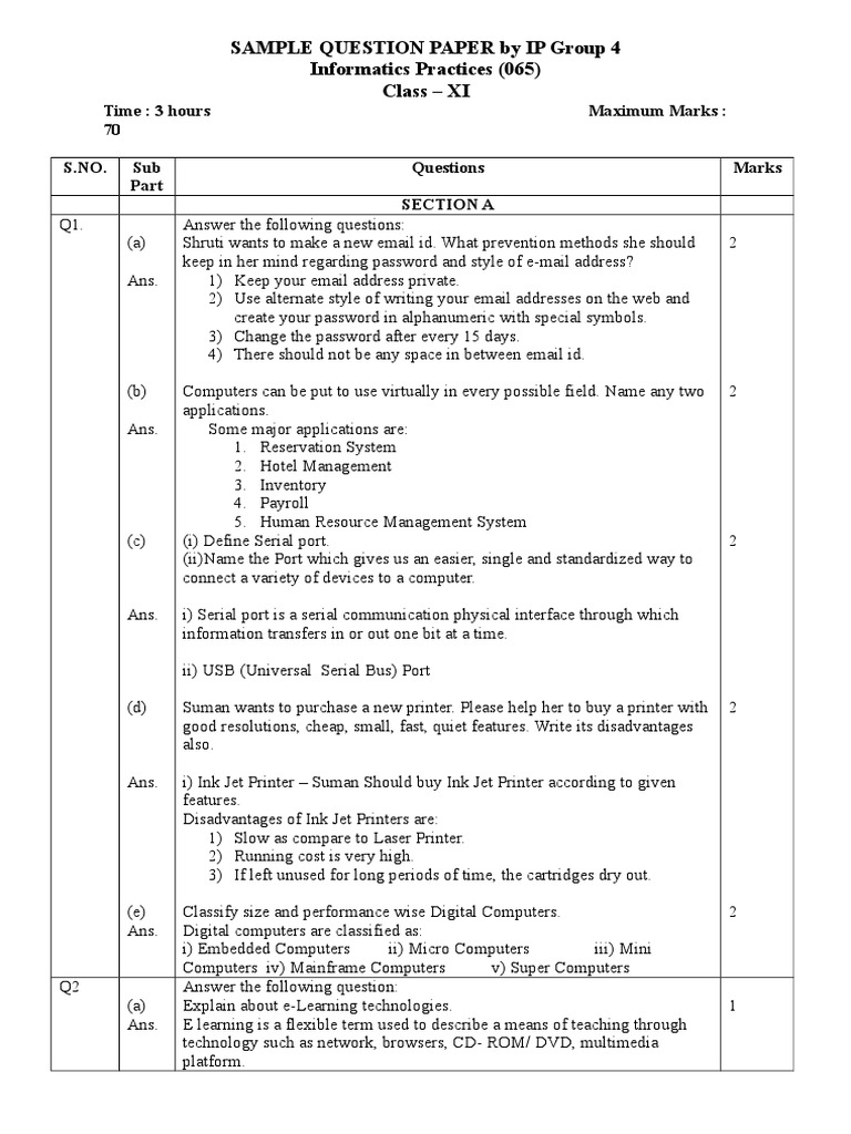 Class XI Informatics Practices Paper | PDF | Printer (Computing ...