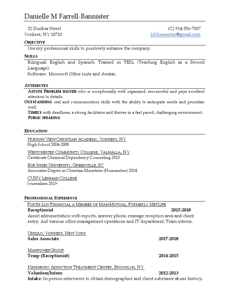 Danielle Farrell-Bannister Resume | PDF | Cognition | Psychology