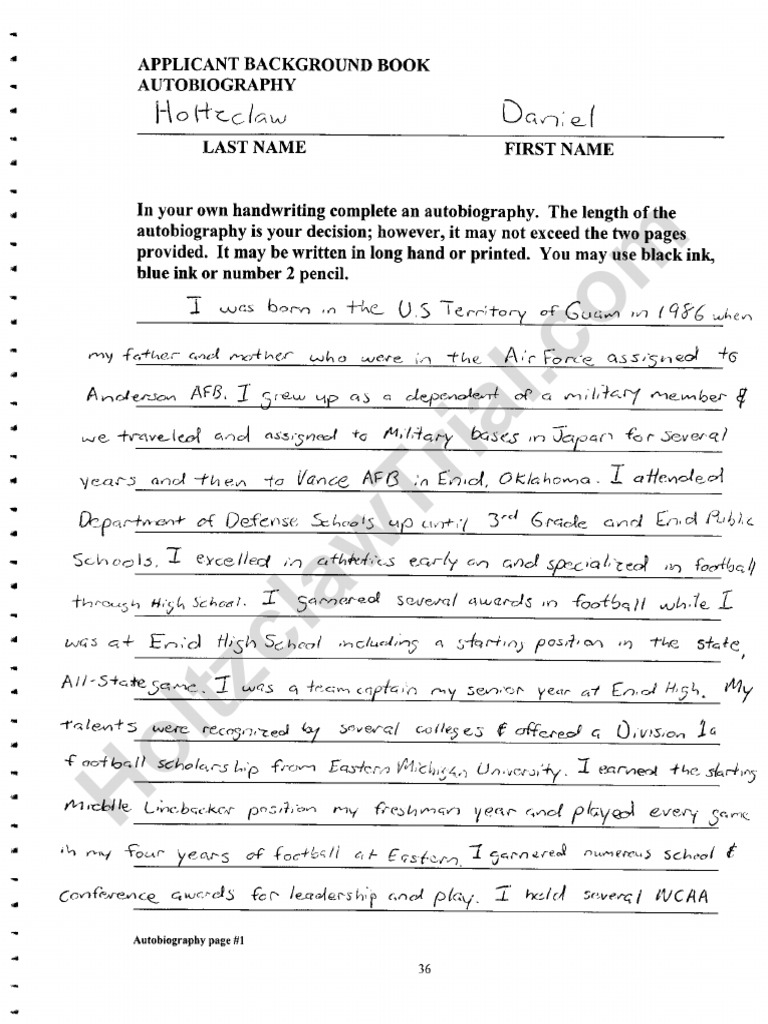 Daniel Holtzclaw - Autobiography - Oklahoma City Police Application | PDF