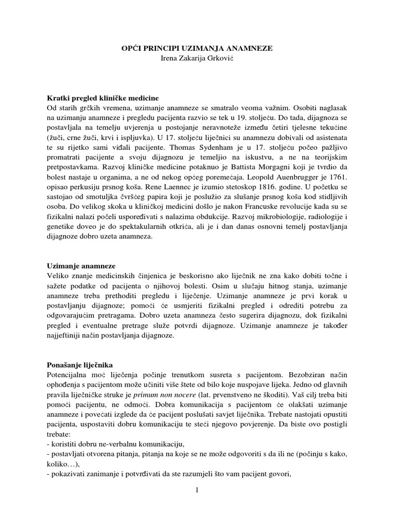DR - Sc. Irena Zakarija Grkovi - Op I Principi Uzimanja Anamneze | PDF