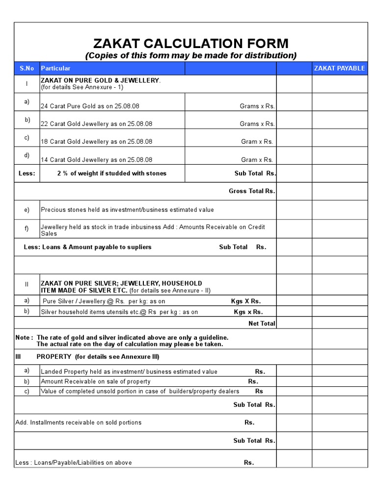Zakat Calculation Form: (Copies of This Form May Be Made For ...