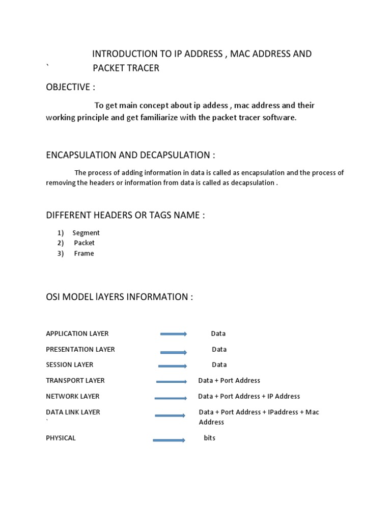 Introduction To Ip Address, Mac Address and ' Packet Tracer Objective ...