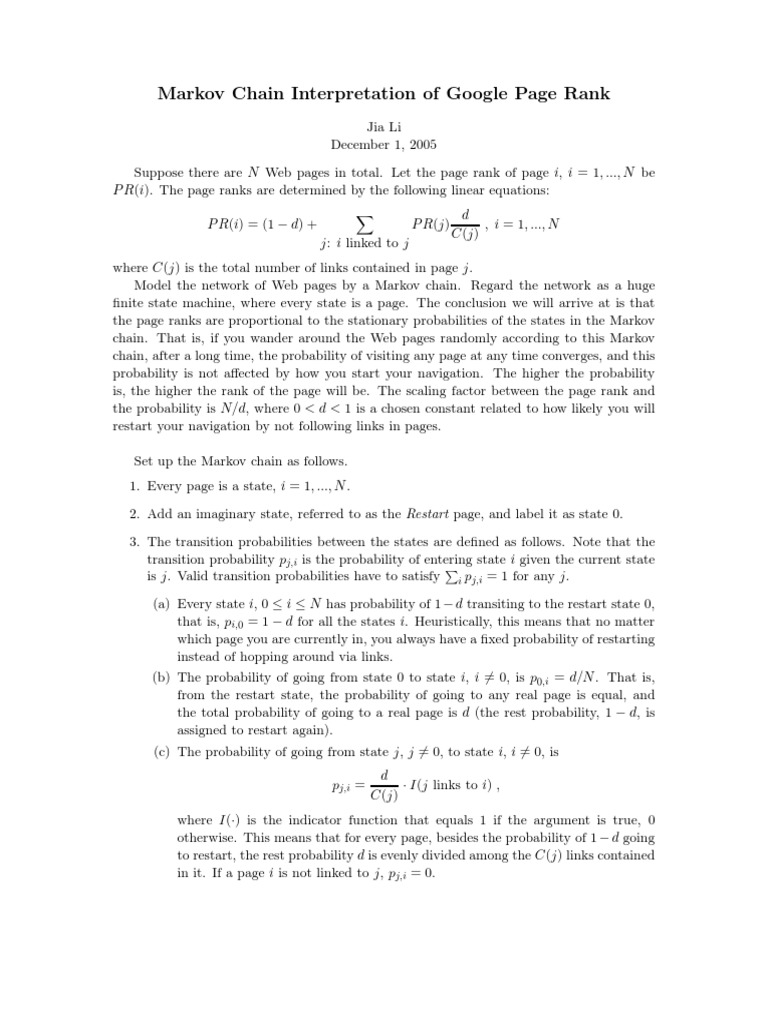 Markov Chain Interpretation of Google Page Rank: J, I I J, I | PDF | Markov Chain | Analysis