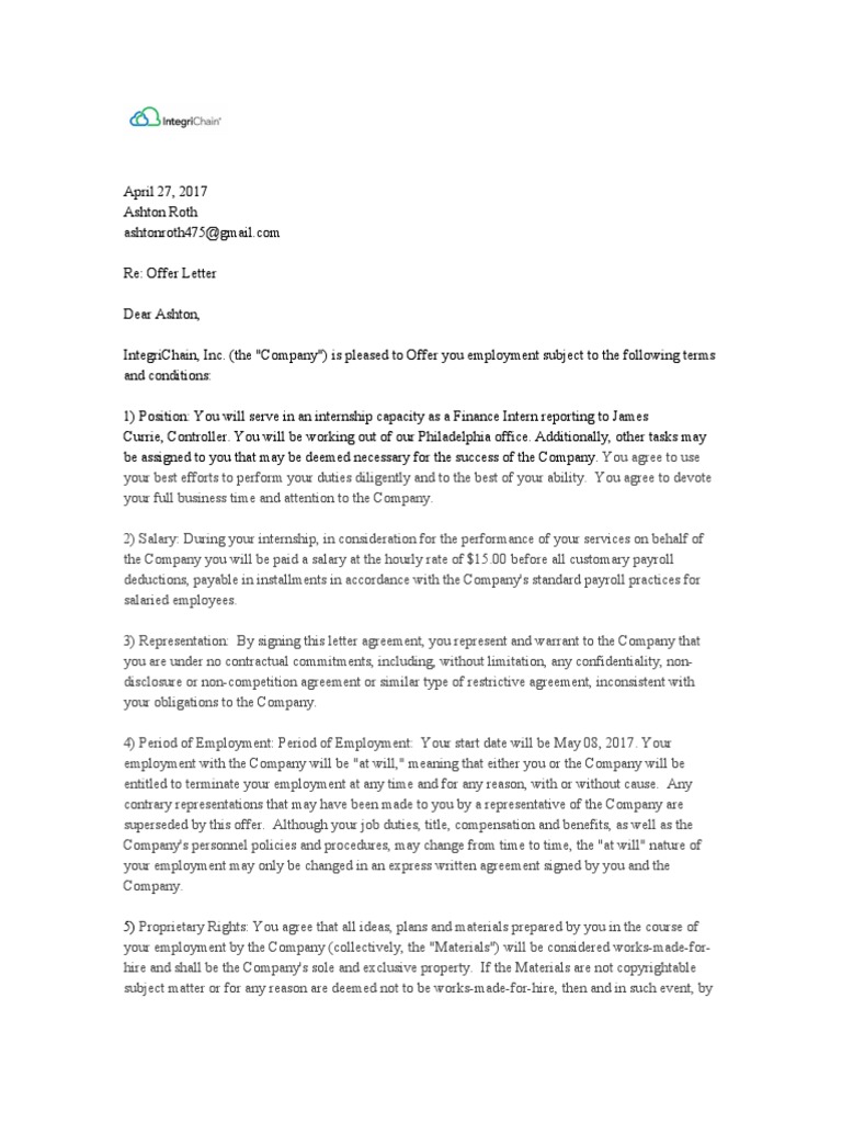 Integrichain Offer Letter Artifact | PDF | Payroll | Employment