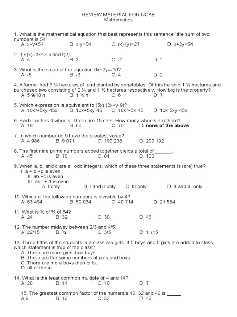 Review Material For Ncae | PDF | Fraction (Mathematics) | Elementary ...