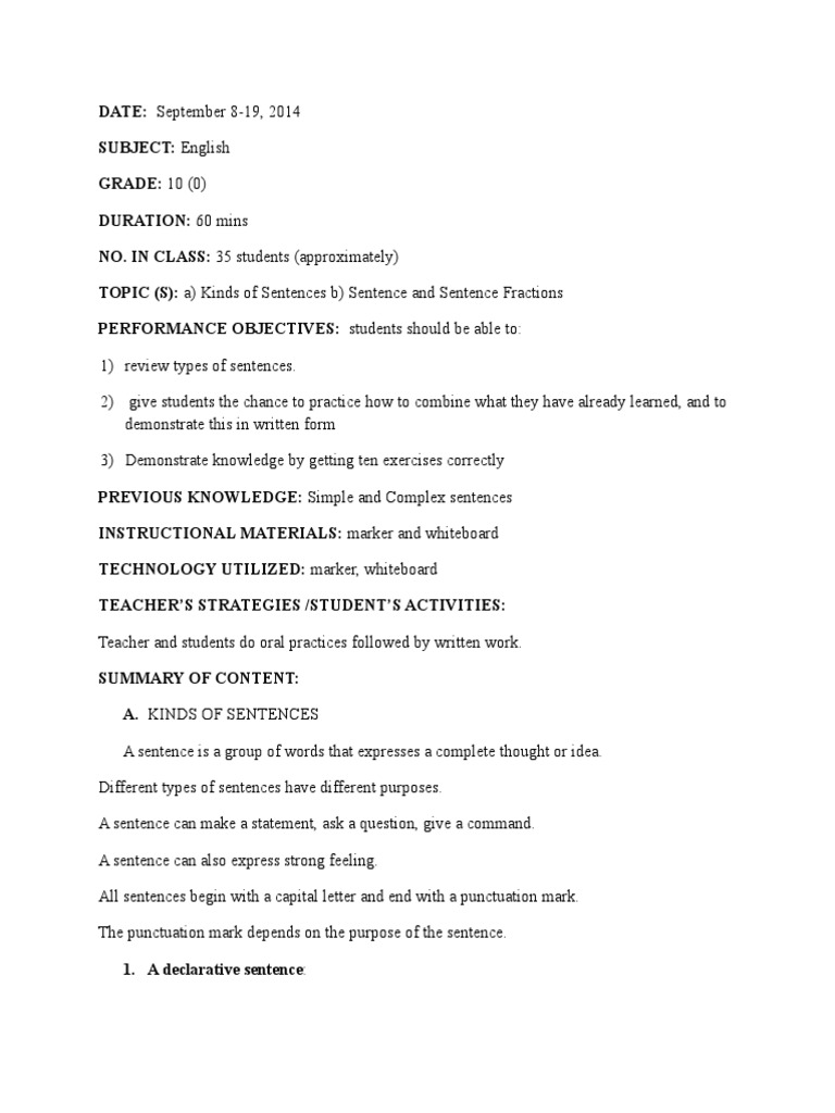 Grade 10 Lesson Plan Week 2 English | PDF | Sentence (Linguistics ...