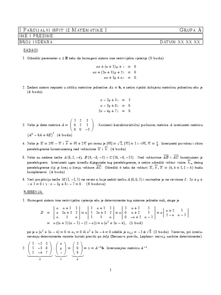 I Parcijalni Ispit Iz Matematike I Grupa A Ime I Prezime: Broj Indeksa ...