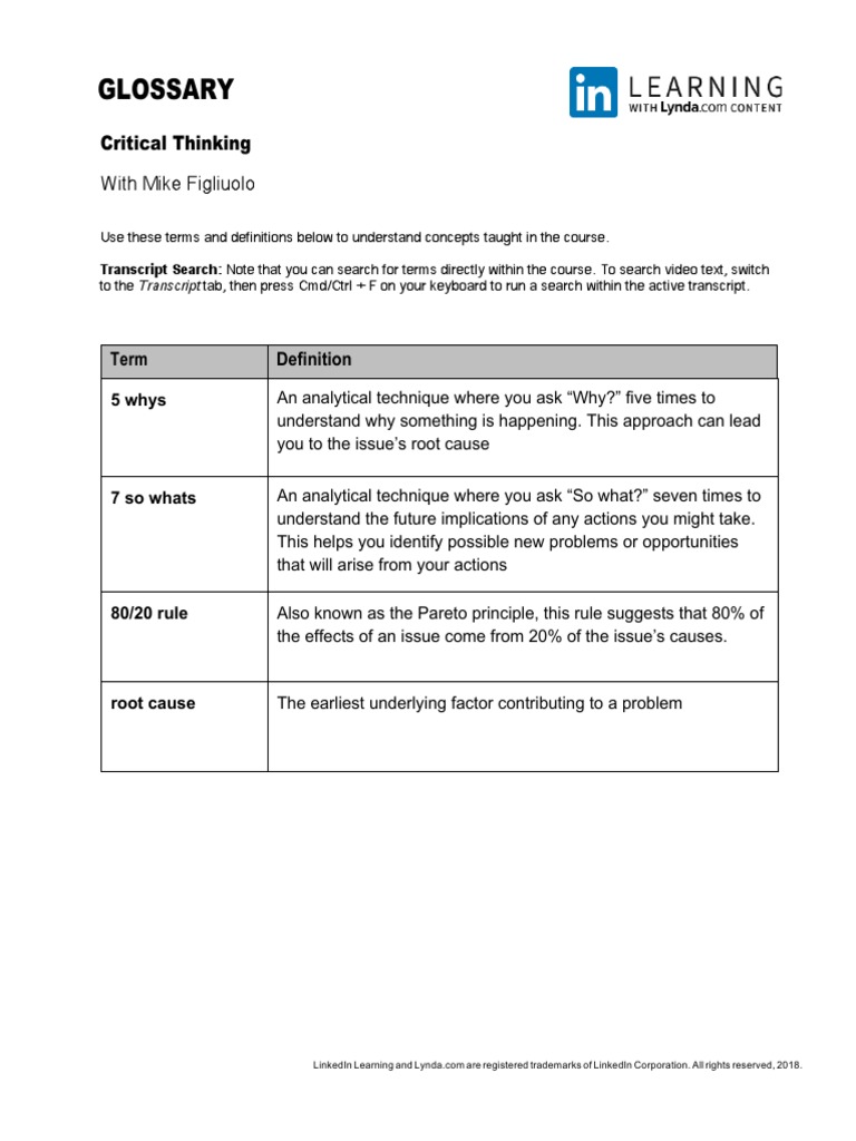 Critical Thinking Glossary with Mike Figliuolo | PDF